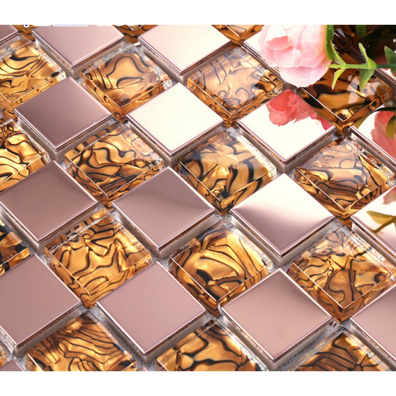 Gold Pattern Glass Mosaic Tile 304 Stainless Steel Washroom