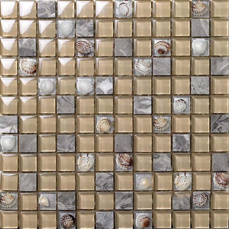 Gray Stone Mosaic Buff Glass Glossy Tile Backsplash Resin Shell Tiles