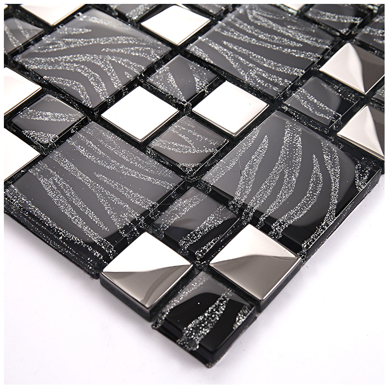 Silver With Black Crystal Glass Mosaic Tiles Plated Glass Kitchen Wall