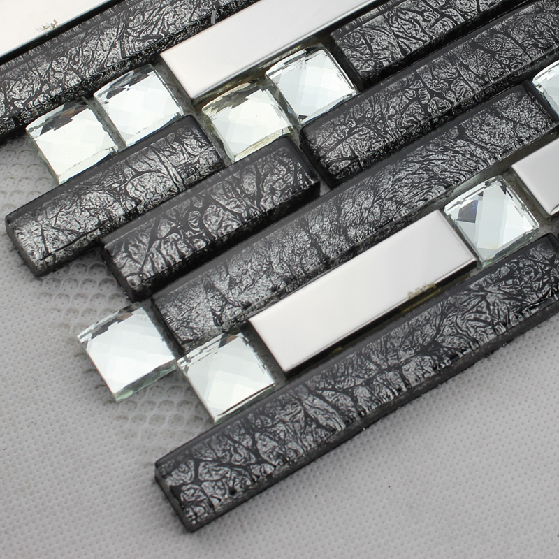 Brown Glass and Stainless Steel Silver Mosaic Wall Tile Backsplash